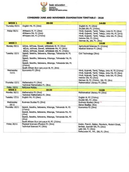 Here is the final combined 2020 Matric Examination timetable - Smile 90.4FM